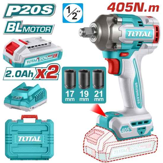 TOTAL 405N.m鋰電衝擊扳手-雙2A (UTIWLI2045)