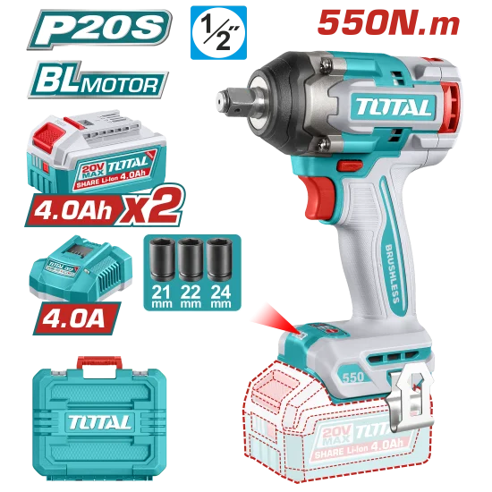 TOTAL 鋰電550N.m衝擊扳手-雙4A組(UTIWLI2055)