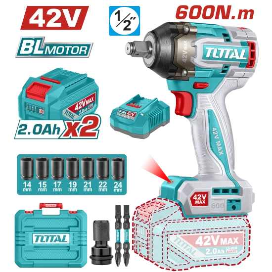 TOTAL 42V 鋰電600Nm衝擊扳手-雙2A套組 (UTIWLI42602)